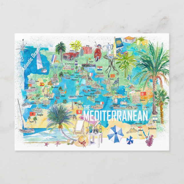 Illustrated Mediterranean Sea Travel Map Postcard | Zazzle