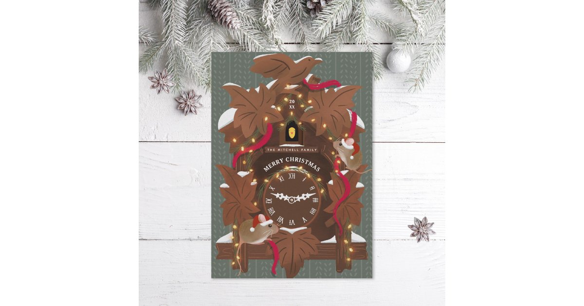 Illustrated Mice on Christmas Cuckoo Clock Holiday Card | Zazzle