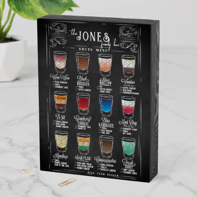 Illustrated Shots Menu | Home Bar Monogram Wooden Box Sign | Zazzle