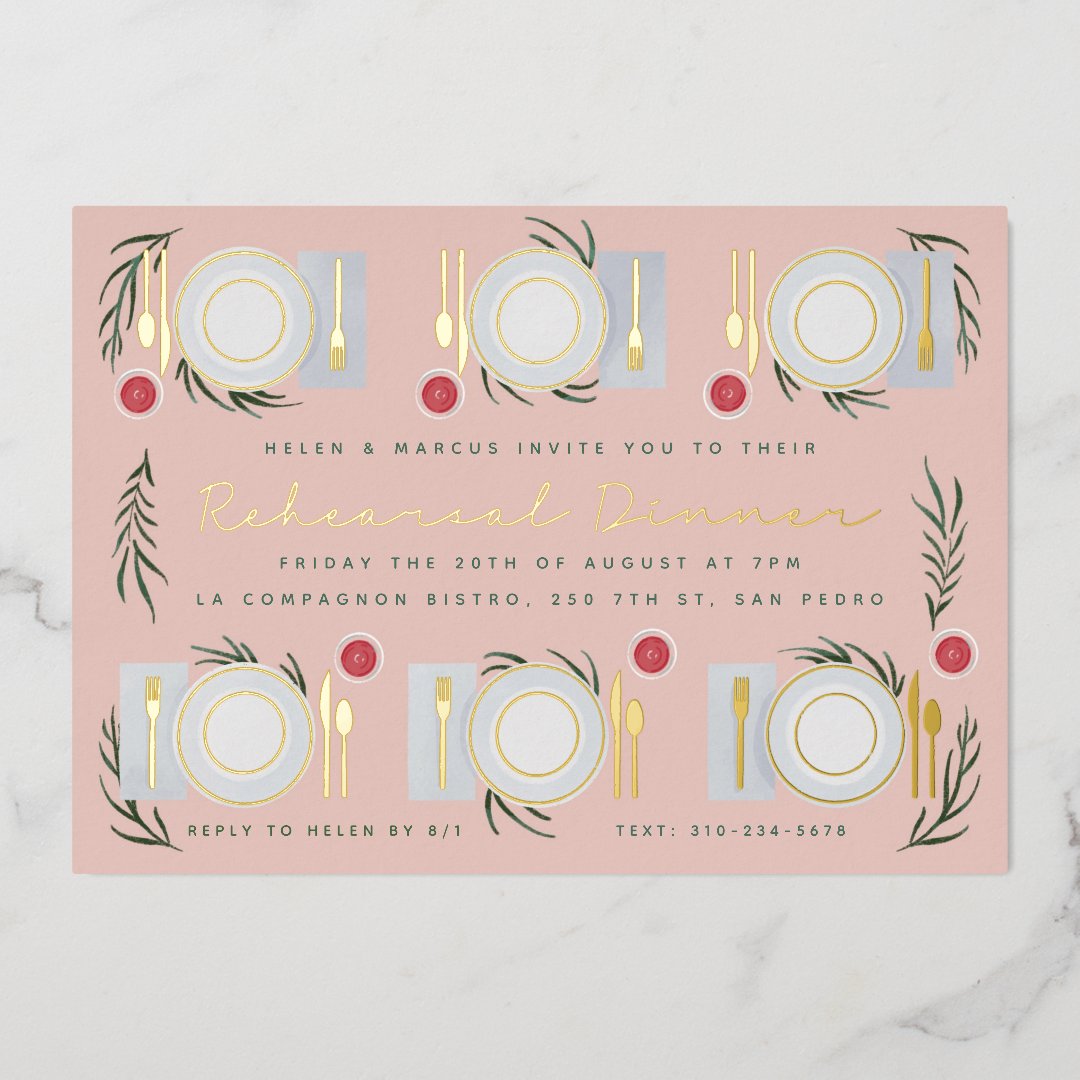Illustrated Table Rehearsal Dinner Gold Foil Invitation | Zazzle