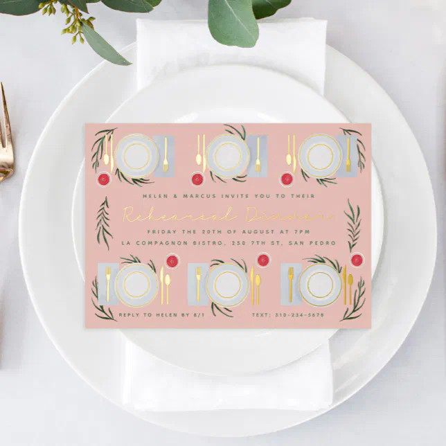 Illustrated Table Rehearsal Dinner Gold Foil Invitation | Zazzle