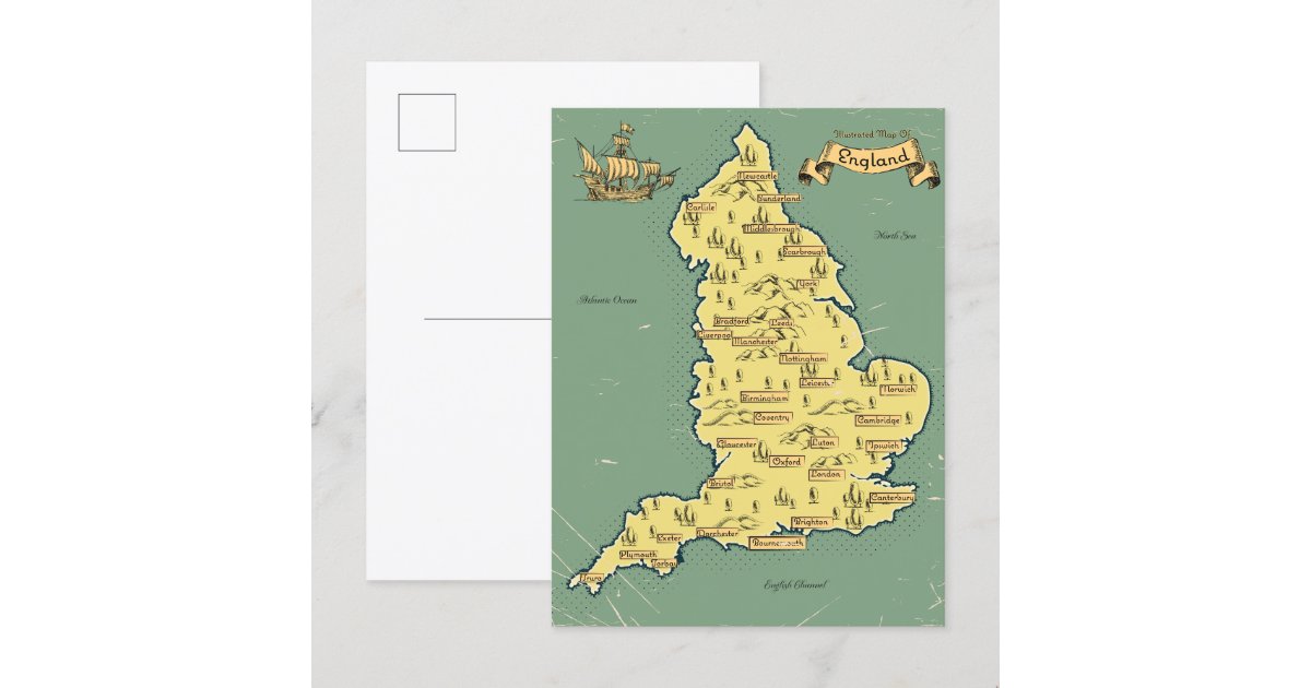 Illustrated Travel map of England Invitation Postcard | Zazzle