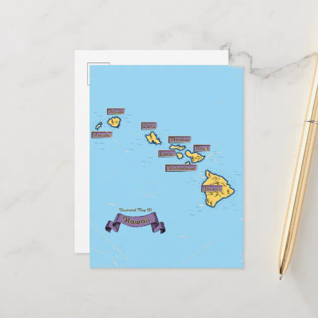 Illustrated Travel map Of Hawaii Announcement Postcard | Zazzle