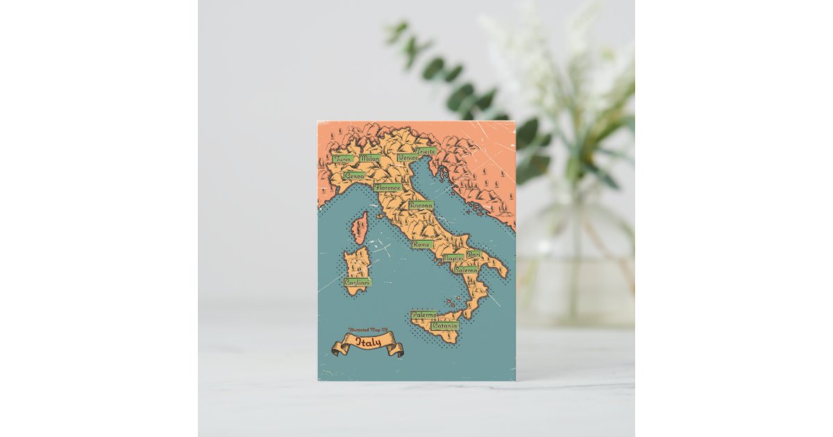 Illustrated Travel map Of Italy Invitation Postcard | Zazzle