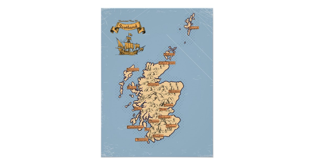 Illustrated Travel map of Scotland Poster | Zazzle