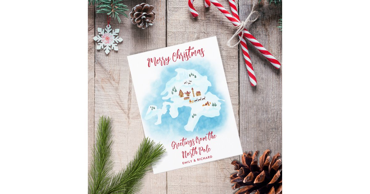 Illustrated Unique North Pole Map Merry Christmas Holiday Postcard | Zazzle