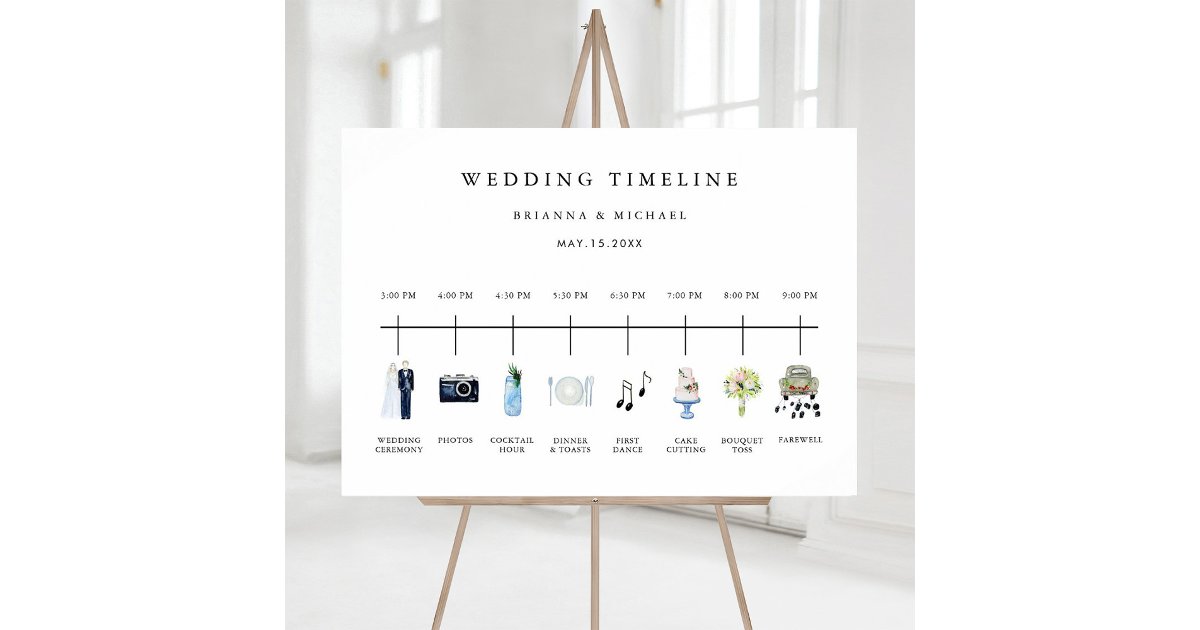 Illustrated Watercolor Wedding Day Timeline Sign | Zazzle