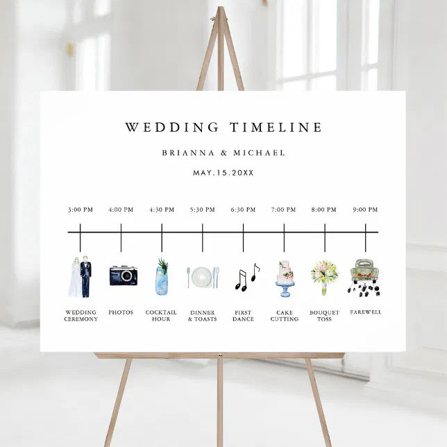 Illustrated Watercolor Wedding Day Timeline Sign | Zazzle