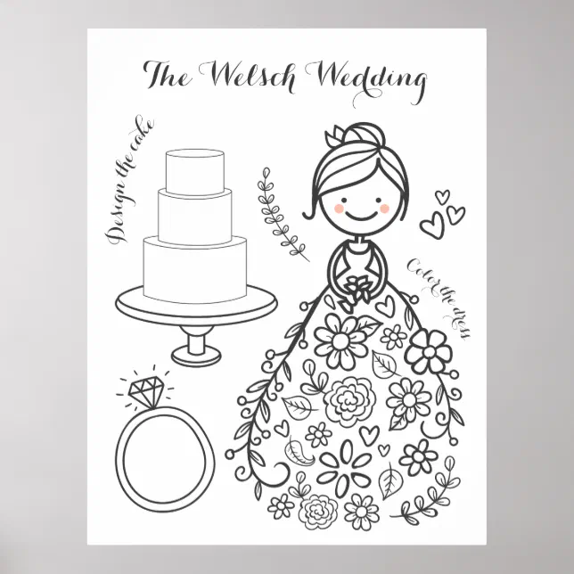 Illustrated Wedding Activity Coloring Page Poster | Zazzle