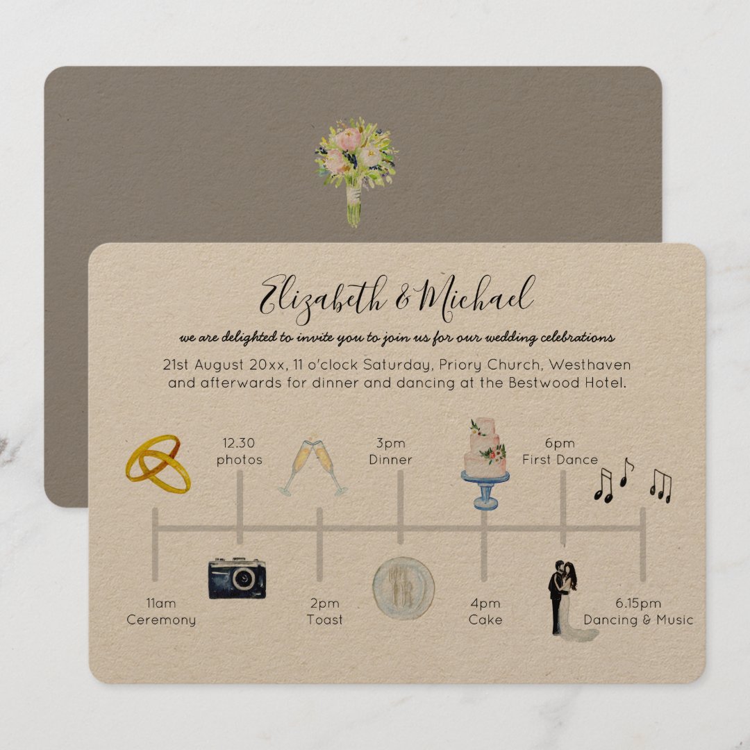 Illustrated Wedding Timeline Invitation Icon Kraft | Zazzle