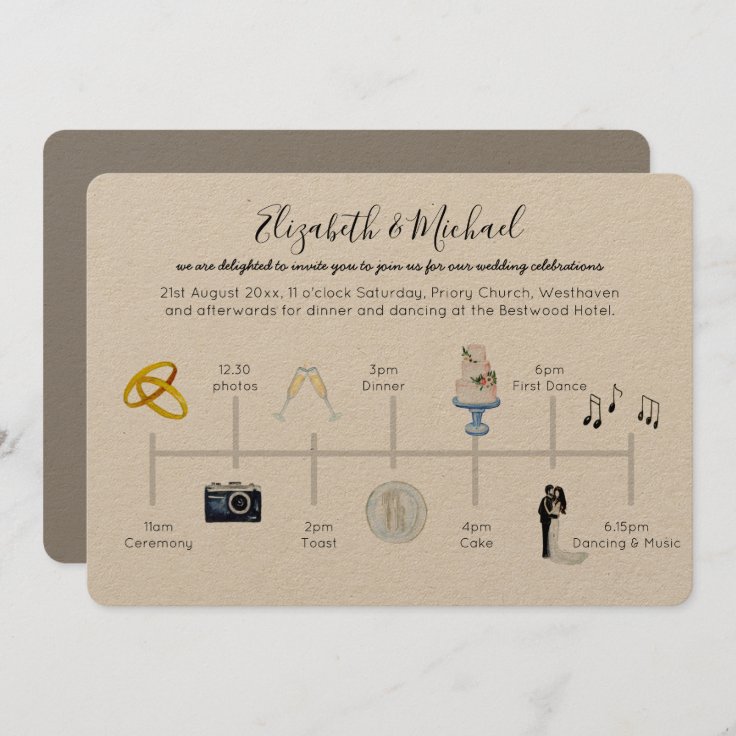Illustrated Wedding Timeline Invitation Icon Kraft | Zazzle