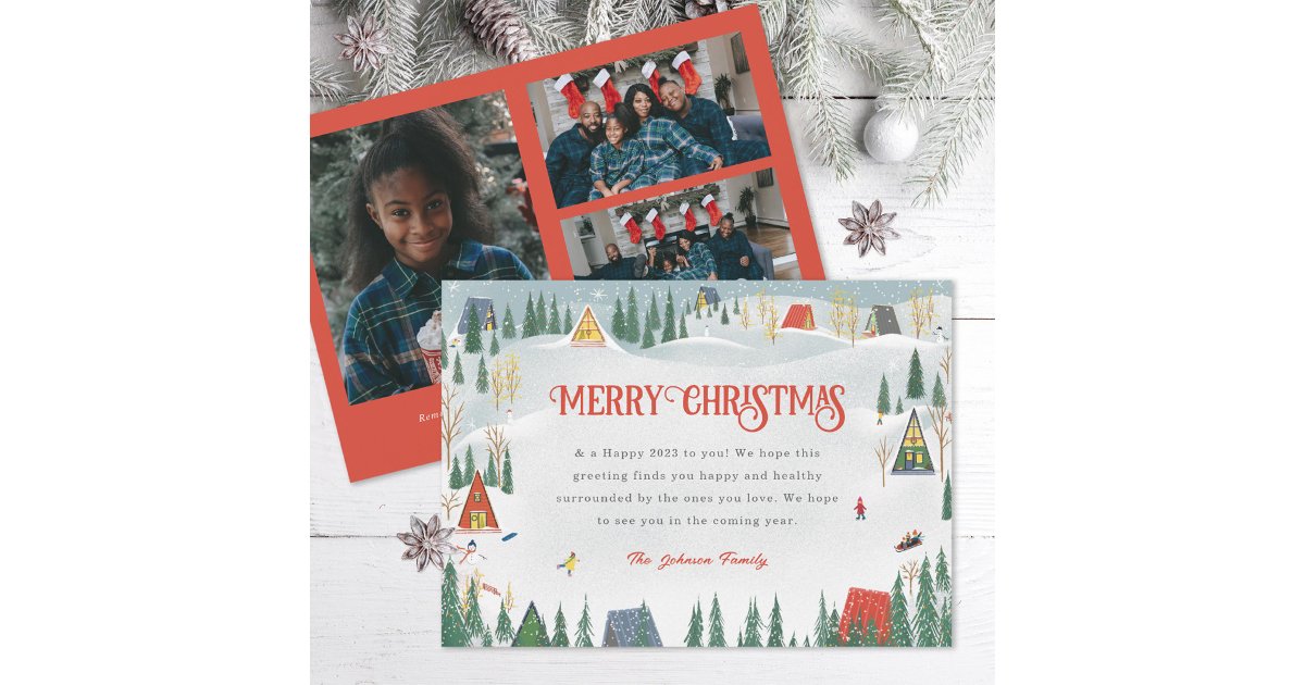 Illustrated Winter Scene Multi-Photo Holiday Card | Zazzle