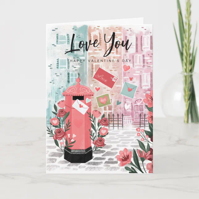 Illustration London City Street Mailbox Valentine Holiday Card | Zazzle