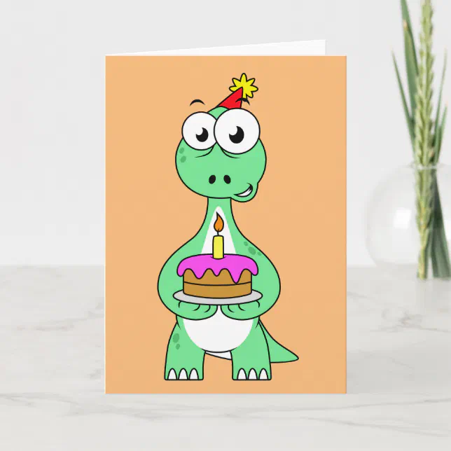 Illustration Of A Brontosaurus With Birthday Cake. Card | Zazzle