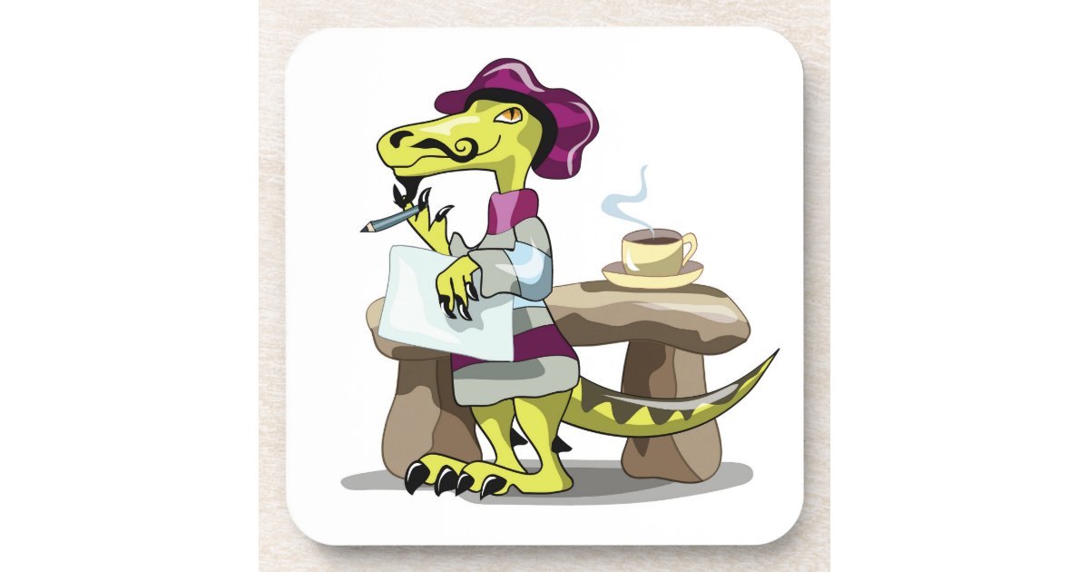 Illustration Of A Cartoon Raptor Poet Thinking. Beverage Coaster | Zazzle
