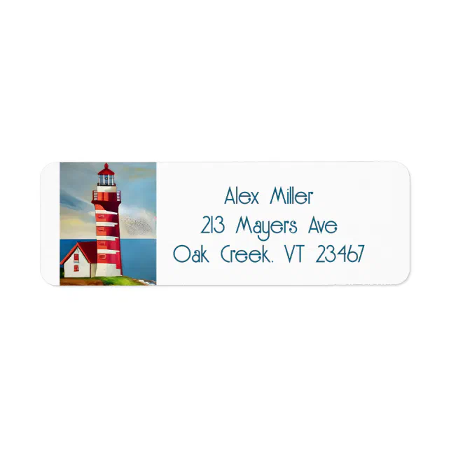 Illustration of a Red and White Lighthouse Ocean Label | Zazzle