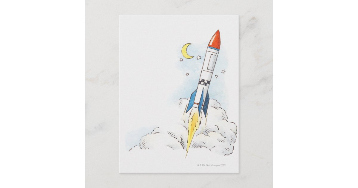 Illustration of a rocket taking off postcard | Zazzle