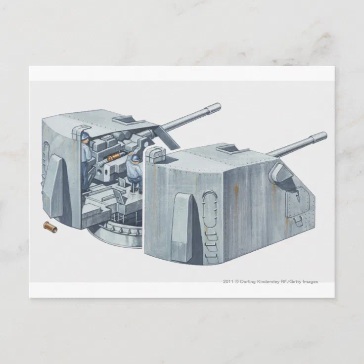 Illustration of gun turret on a WW2 battleship Postcard | Zazzle