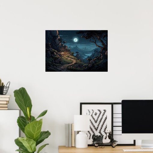 Illustration winding path to mountain cottage poster | Zazzle