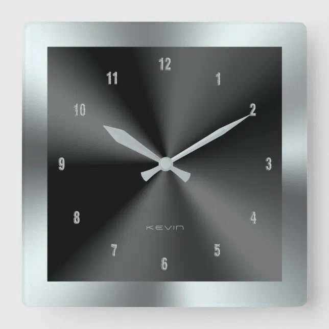 Image of Black & Silver & Metallic Stainless Steel Square Wall Clock ...
