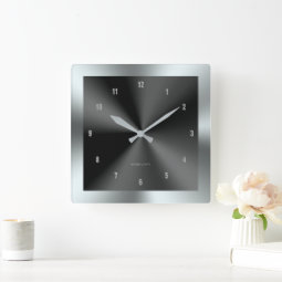 Image of Black & Silver & Metallic Stainless Steel Square Wall Clock ...