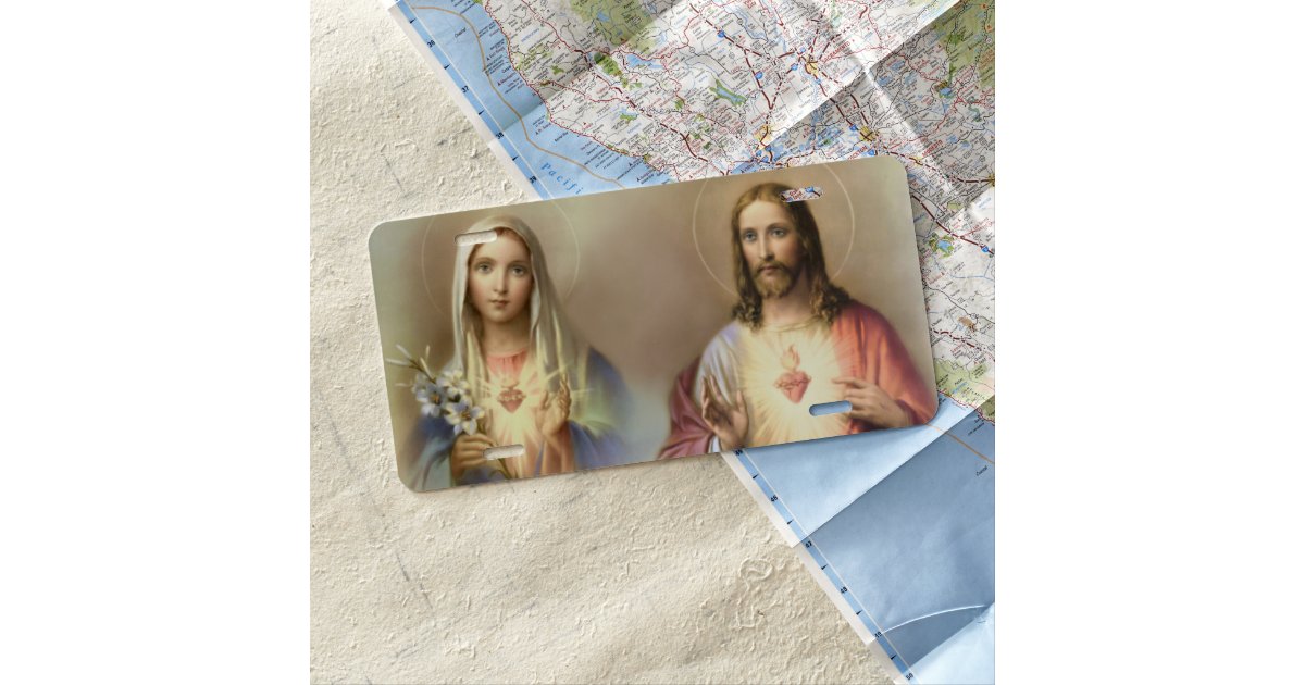 Immaculate Heart Mary and Sacred Heart of Jesus License Plate | Zazzle