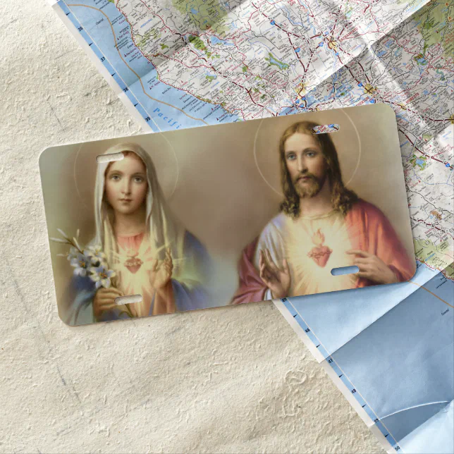 Immaculate Heart Mary and Sacred Heart of Jesus License Plate | Zazzle