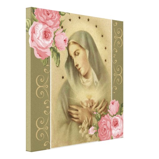 "Immaculate Heart of Mary Pink Roses Lilies Stars Canvas Print | Zazzle