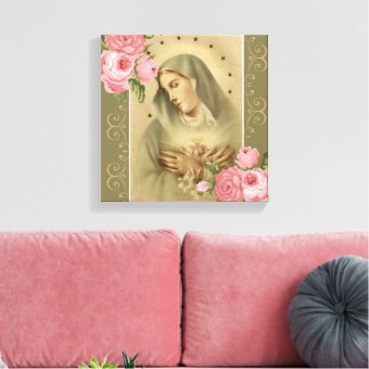 "Immaculate Heart of Mary Pink Roses Lilies Stars Canvas Print | Zazzle
