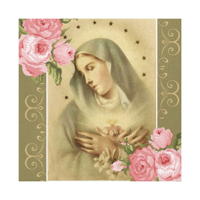 "Immaculate Heart of Mary Pink Roses Lilies Stars Canvas Print | Zazzle.com