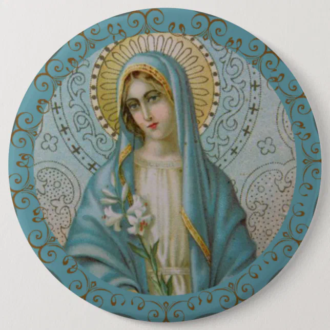 Immaculate Virgin Mary with lily Gold Decor border Pinback Button | Zazzle
