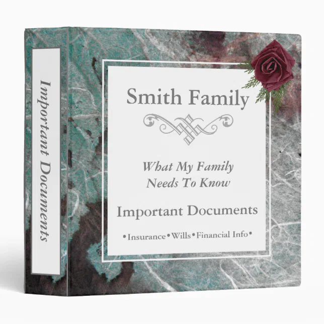 Important Family Documents | Teal Green 3 Ring Binder | Zazzle
