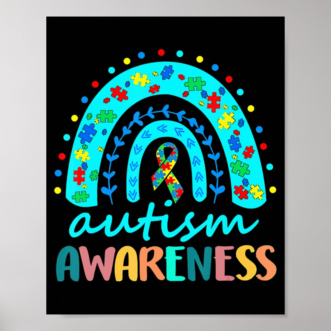 In April We Wear Blue Autism Rainbow Awareness Mon Poster | Zazzle
