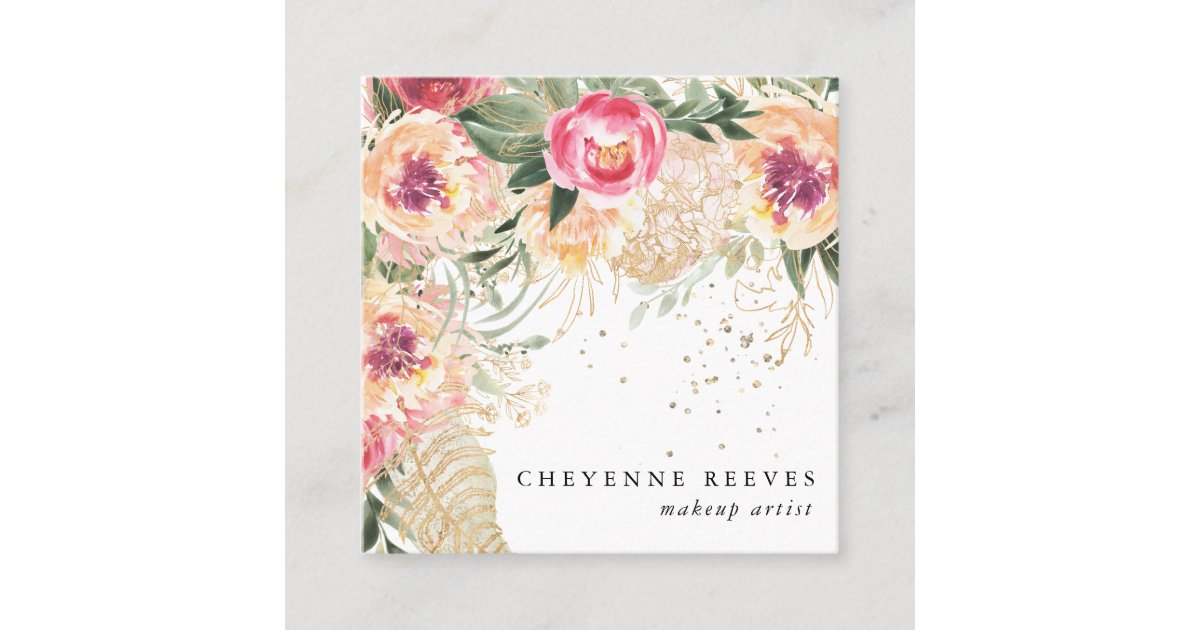 In Bloom | Elegant Watercolor Pink Peony Floral Square Business Card ...