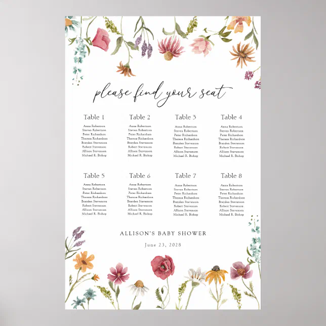 In Bloom Wildflower Baby Shower Seating Chart | Zazzle