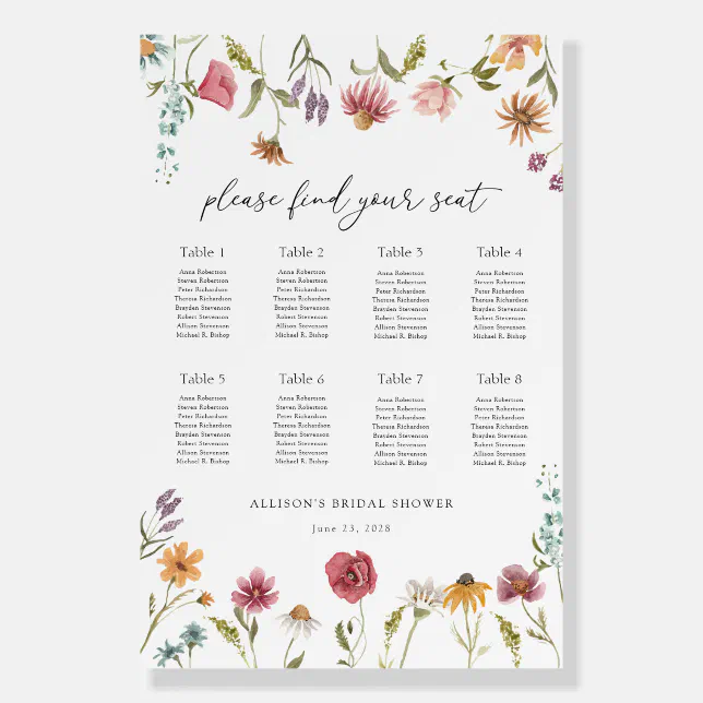 In Bloom Wildflower Bridal Shower Seating Chart Foam Board | Zazzle