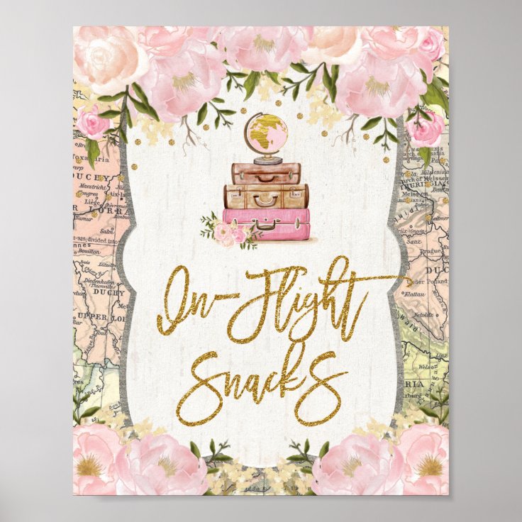 In-Flight Snacks Travel Map Floral Bridal Shower Poster | Zazzle