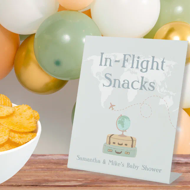 In-Flight Snacks World Map Adventure Baby Shower Pedestal Sign | Zazzle