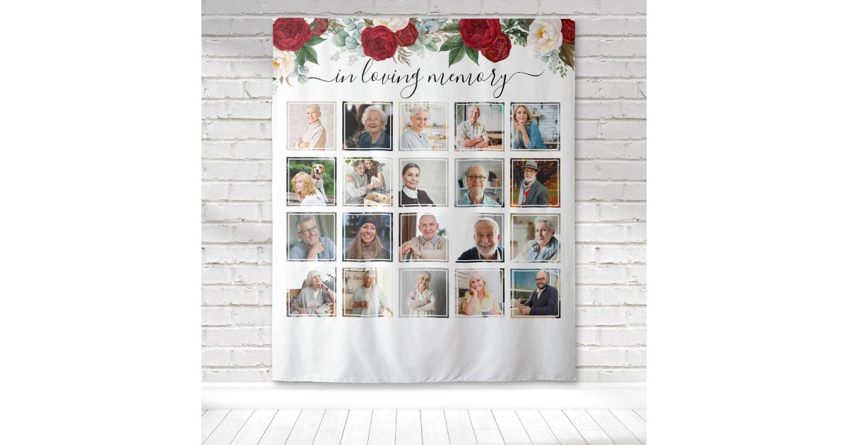 In Loving Memory 20 Photo Red Floral Memorial Tapestry | Zazzle