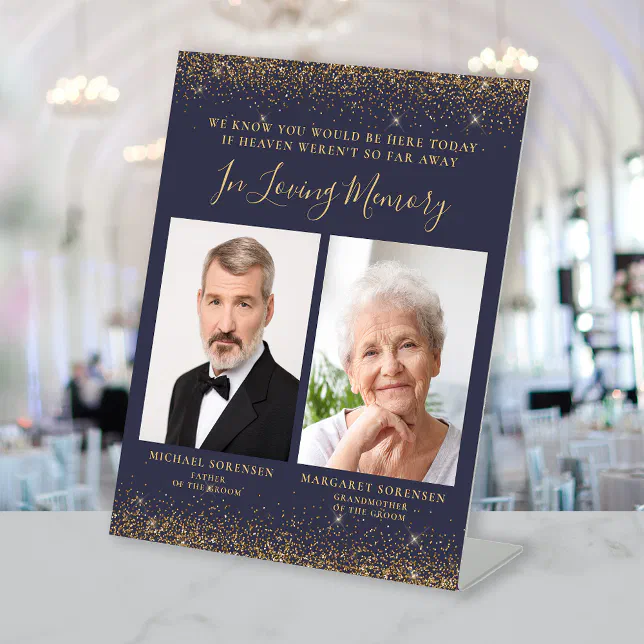 In Loving Memory 2 Photo Dark Blue Gold Wedding Pedestal Sign | Zazzle