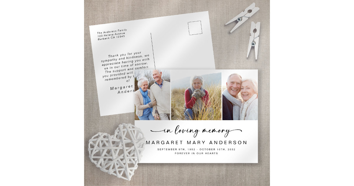 In Loving Memory 3 Photo Funeral Thank You Postcard | Zazzle