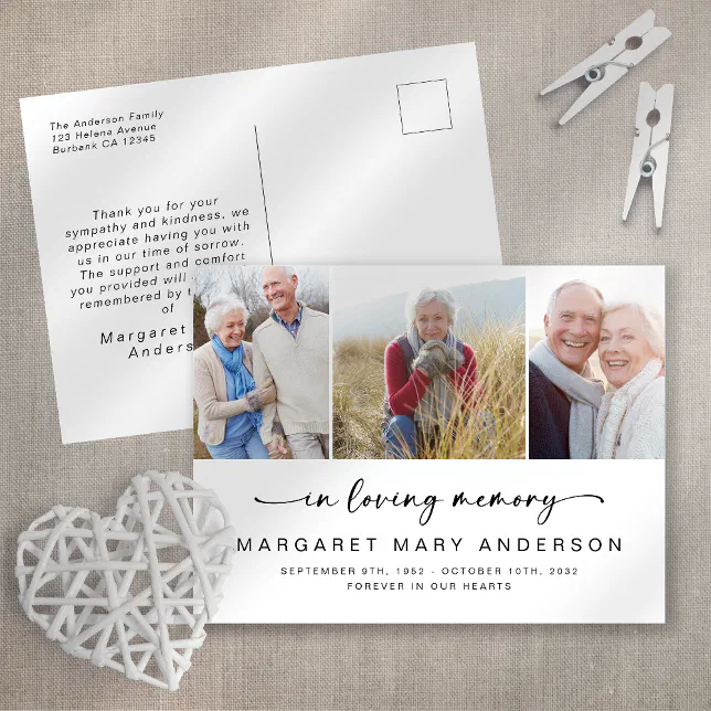 In Loving Memory 3 Photo Funeral Thank You Postcard | Zazzle