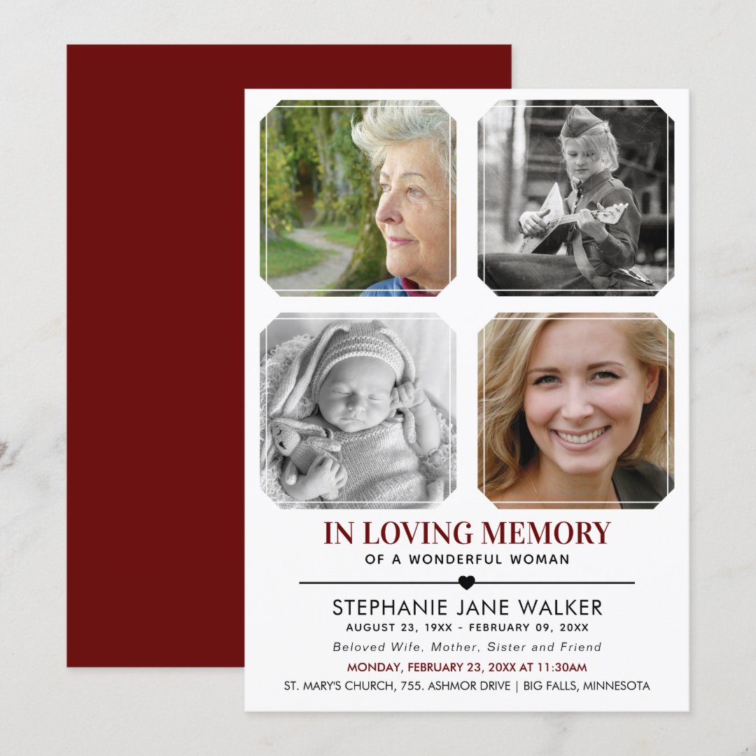 In Loving Memory | 4 Photo Collage Funeral Invitation | Zazzle