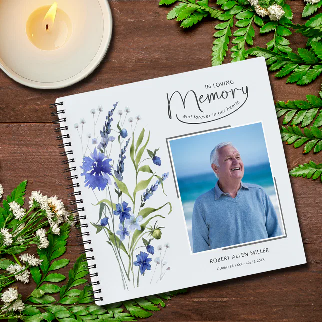 In Loving Memory Blue Floral Funeral Guest Book | Zazzle