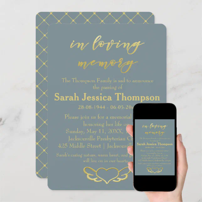 In Loving Memory - Blue & Gold Memorial Service Invitation | Zazzle