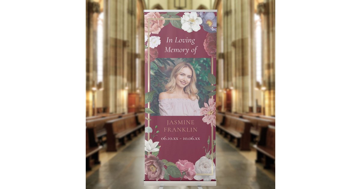 In Loving Memory Burgundy Floral Photo Funeral Retractable Banner | Zazzle