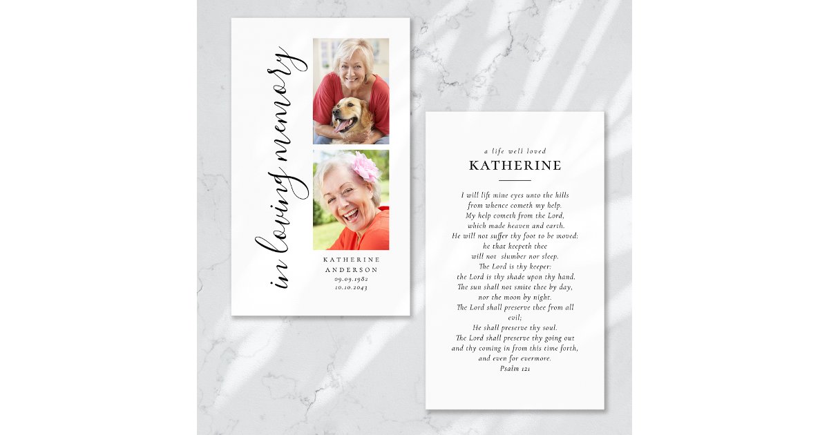 In Loving Memory Calligraphy 2 Photo Prayer Card | Zazzle