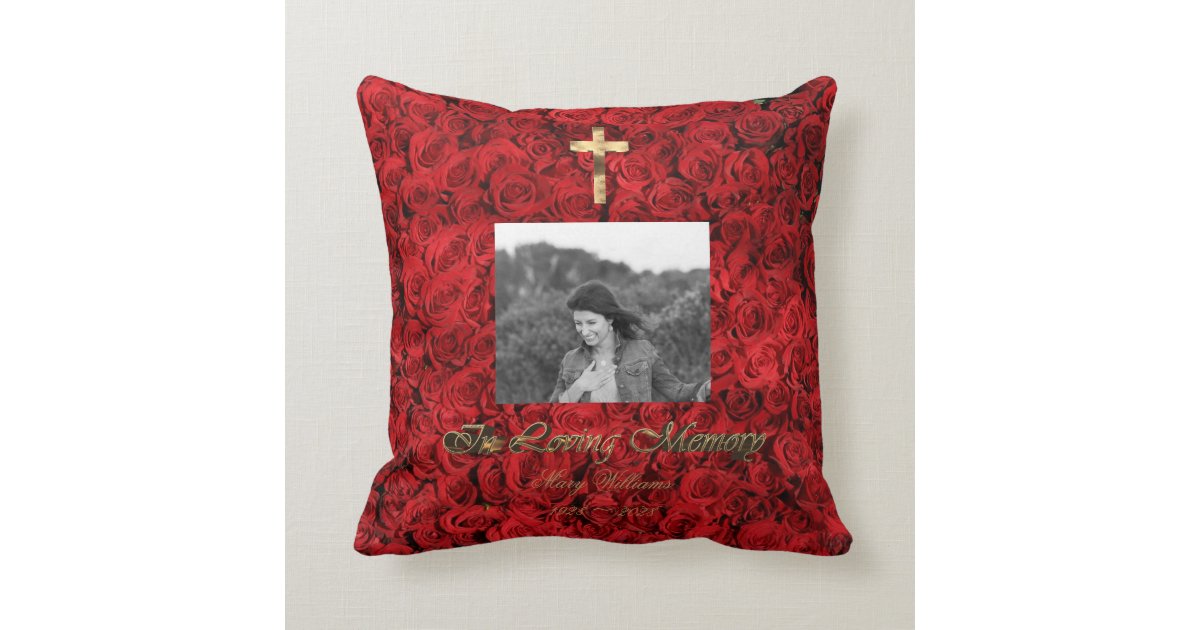 In Loving Memory Cross Add Photo Red Roses Floral Throw Pillow | Zazzle.com