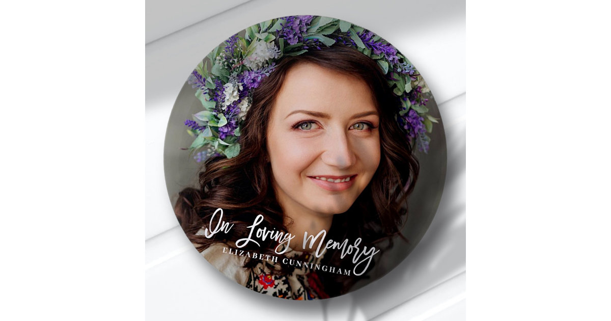 In Loving Memory Cursive Custom Photo Memorial Button | Zazzle
