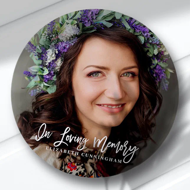 In Loving Memory Cursive Custom Photo Memorial Button | Zazzle